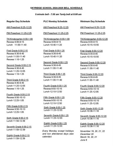 Skyridge Elementary - Bell and Calendar Schedule